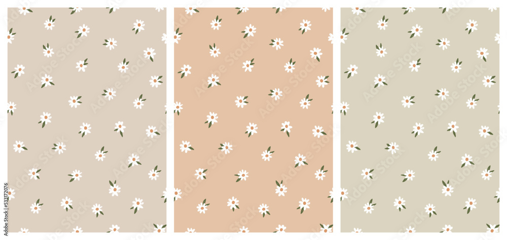 Cute Daisies Seamless Pattern Set on Neutral Earthy Backgrounds. Simple ...