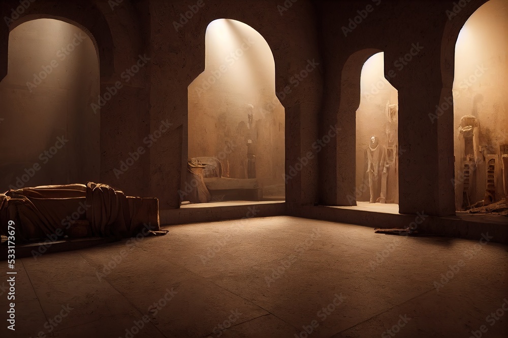 Inside the secret tombs of Egyptian Pharaohs. Egypt pyramid interiors illuminated by natural ...