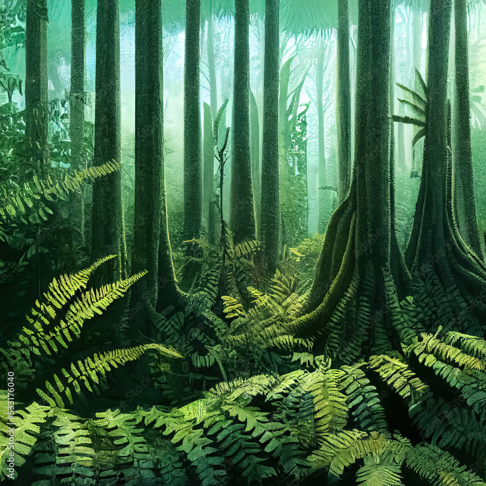 Prehistoric antediluvian forest landscape with primitive trees and ...