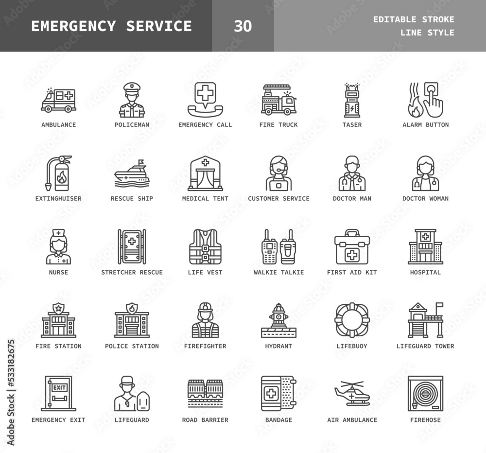 Emergency Services line style icons. Editable stroke and pixel perfect ...