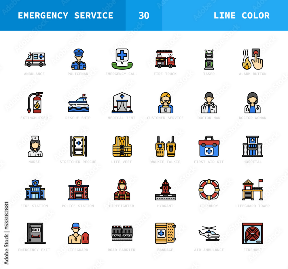 Emergency Services filled line color icons. Set of firefighter ...