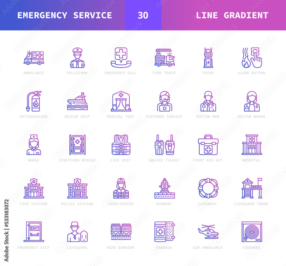 Emergency Services line gradient icons. Set of ambulance, firefighter ...