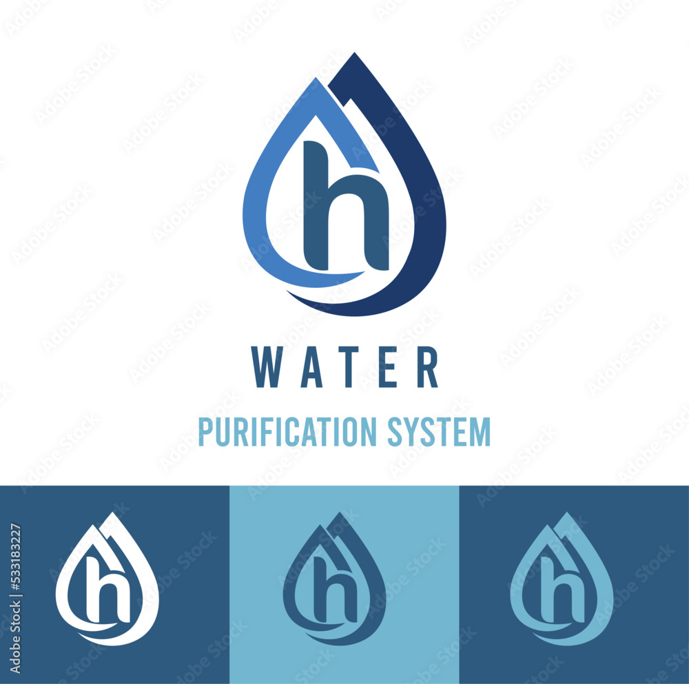 Initial h Letter with water drop icon for water purification system ...