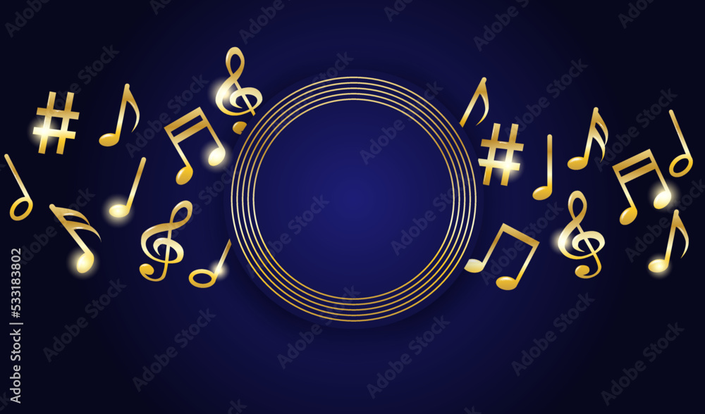 Music notes melody background. Gold notes symbols on dark blue ...