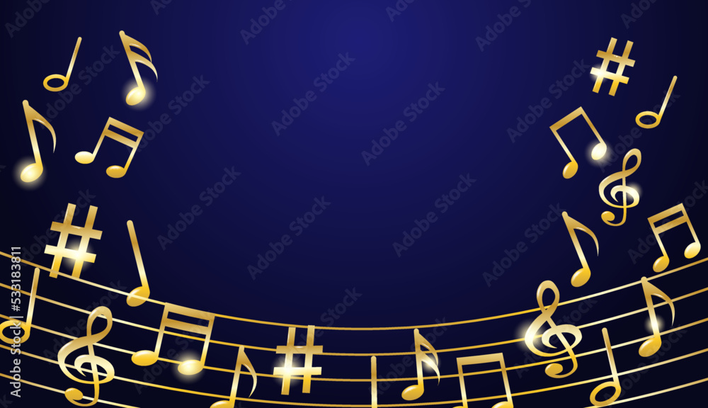 Music notes melody background. Gold notes symbols on dark blue ...