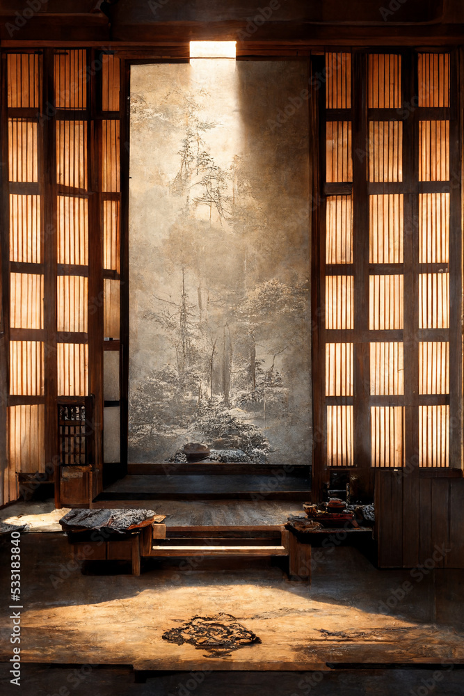 Photo & Art Print Concept art illustration of japanese dojo interior ...