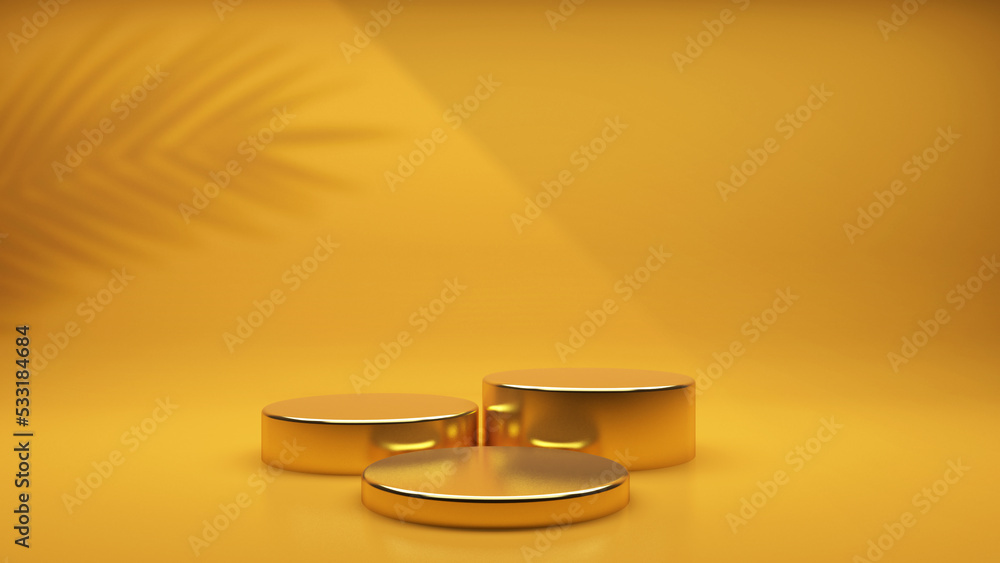 Gold podium product display 3D setup. Yellow background with gold round ...