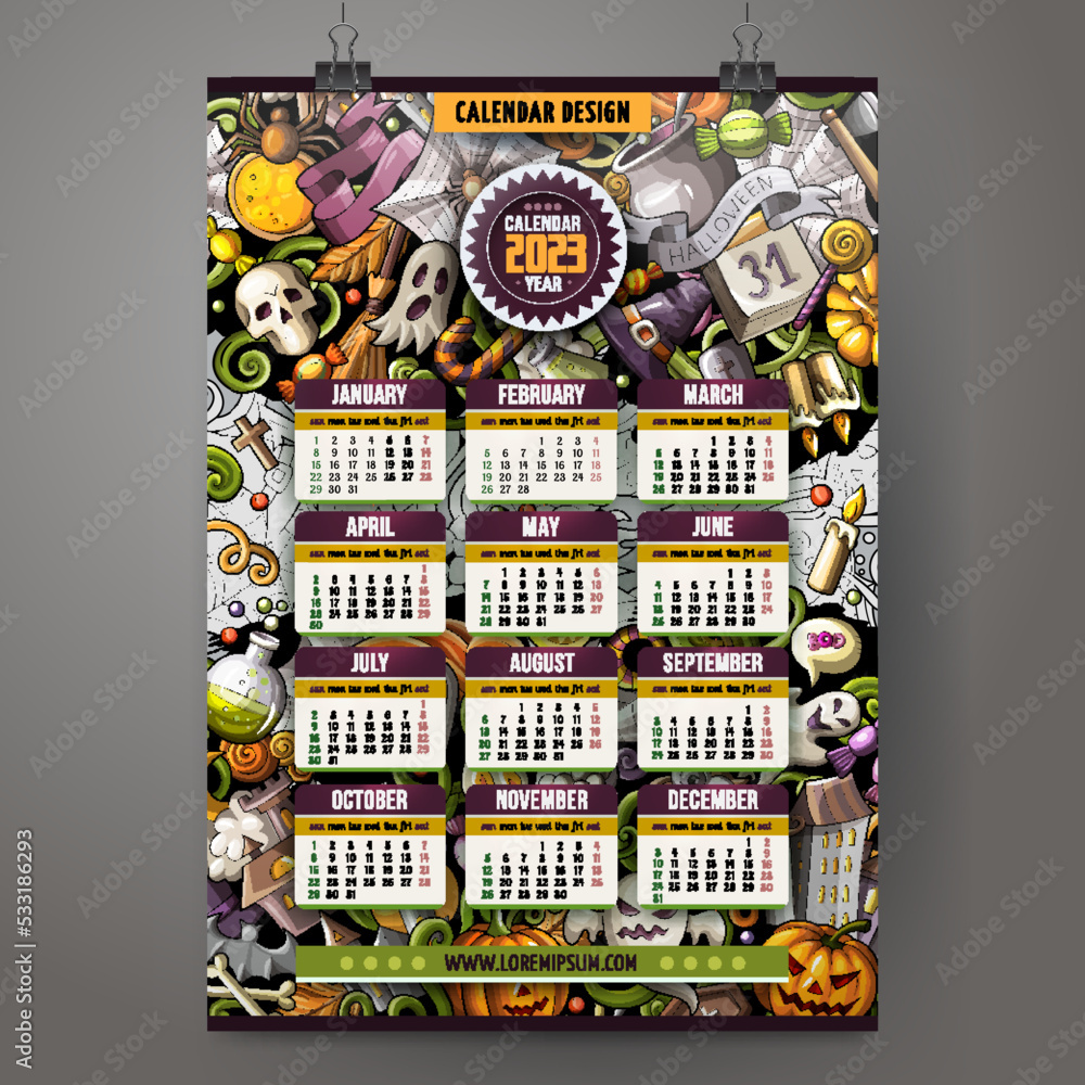 Cartoon doodles Halloween 2023 year calendar template. Stock Vector ...