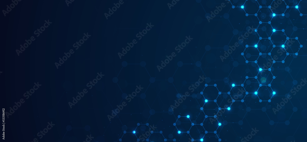 Hexagons pattern blue background. Genetic research, molecular structure ...