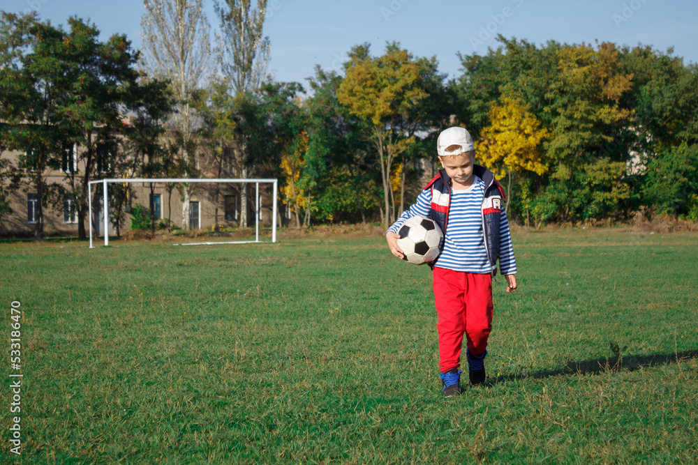 boy walking with the ball on the football field Stock Photo | Adobe Stock