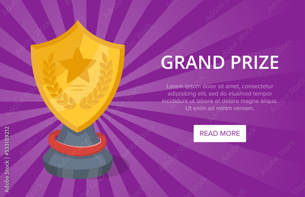 Golden grand prize of shield shape on purple background. Favorite award ...