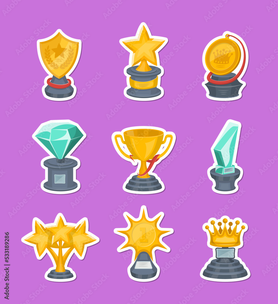 Beautiful golden trophy cups and awards of diamond, star, shield or ...