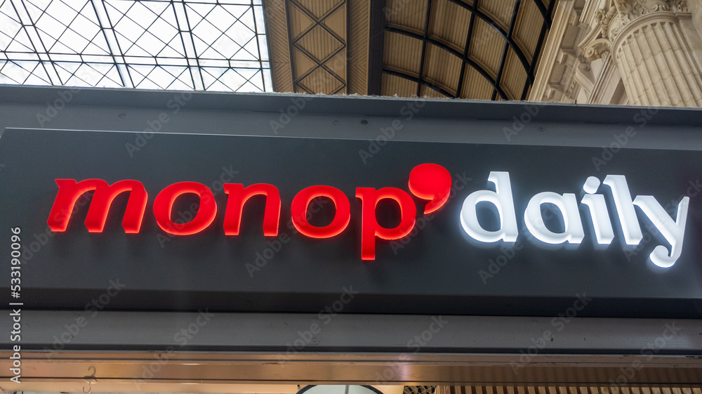 monop daily store facade logo brand and text sign on wall entrance shop ...