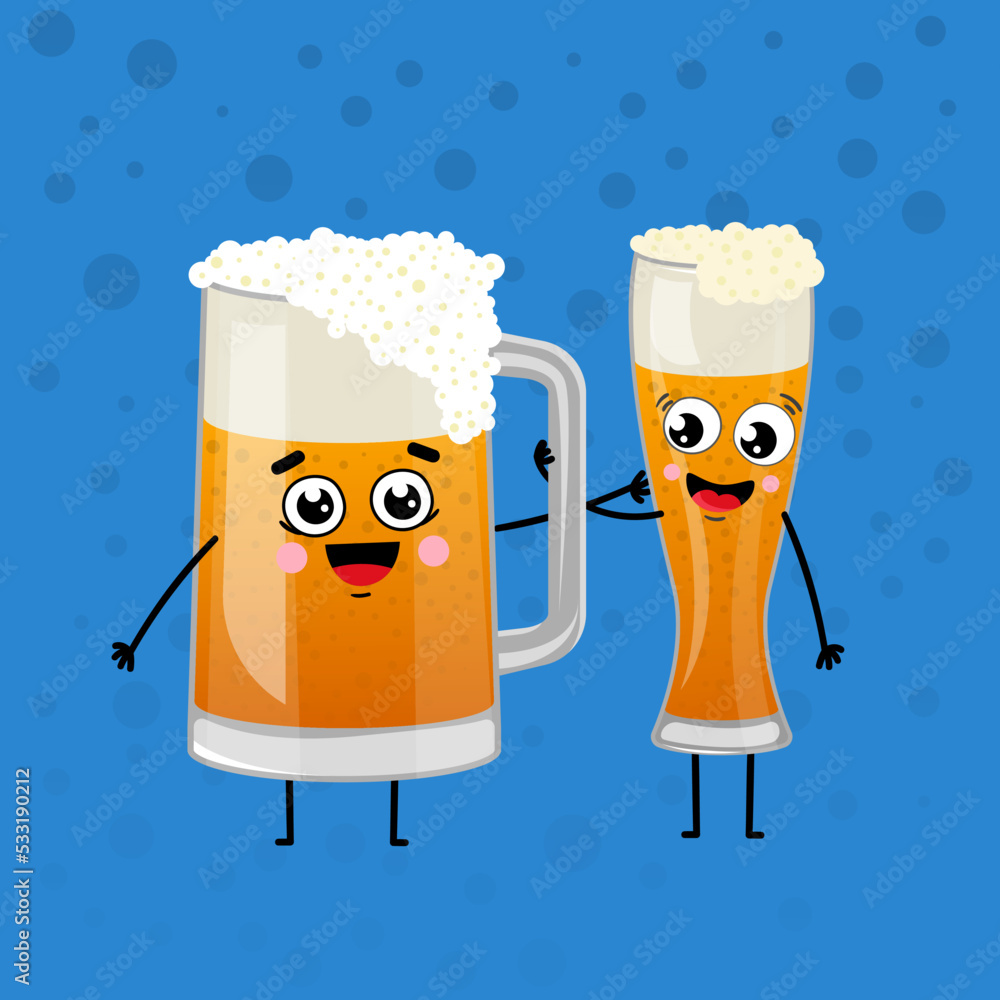 Happy beer mugs animation characters in cartoon style. Glass pint ...