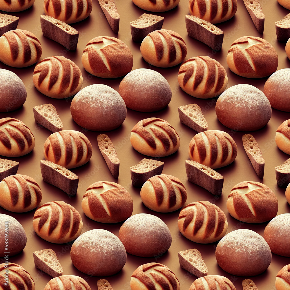 3D rendering illustration. Cute mini bread seamless pattern. For bakery ...