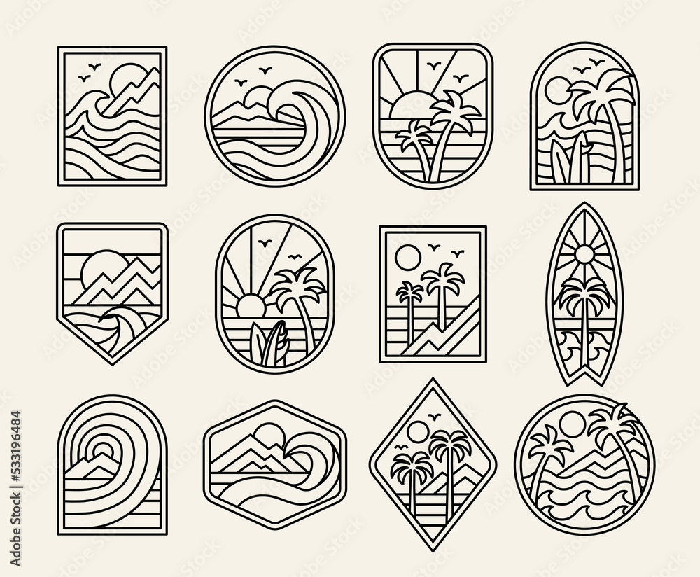 Vector surf theme line art badge designs. For t-shirt prints, posters ...