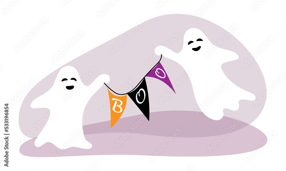 Cute, funny ghosts carrying scary Boo flags. Illustration set clipart ...