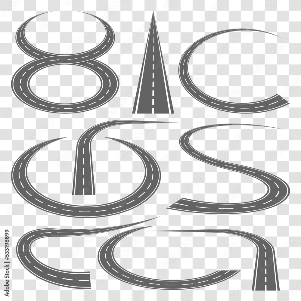 Set of curved highway tracks with markings isolated on transparent ...