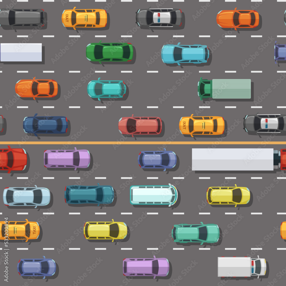 Cars pattern. Machines on road city heavy traffic swanky vector ...