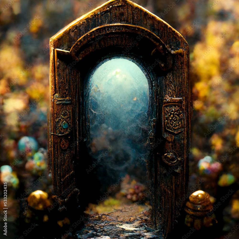 Raster illustration of wooden gate in dim clouds in an empty room ...