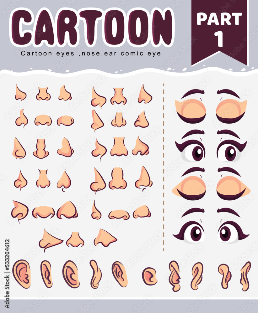 Cartoon eyes ,nose, ear, comic eye female staring gaze watch funny ...