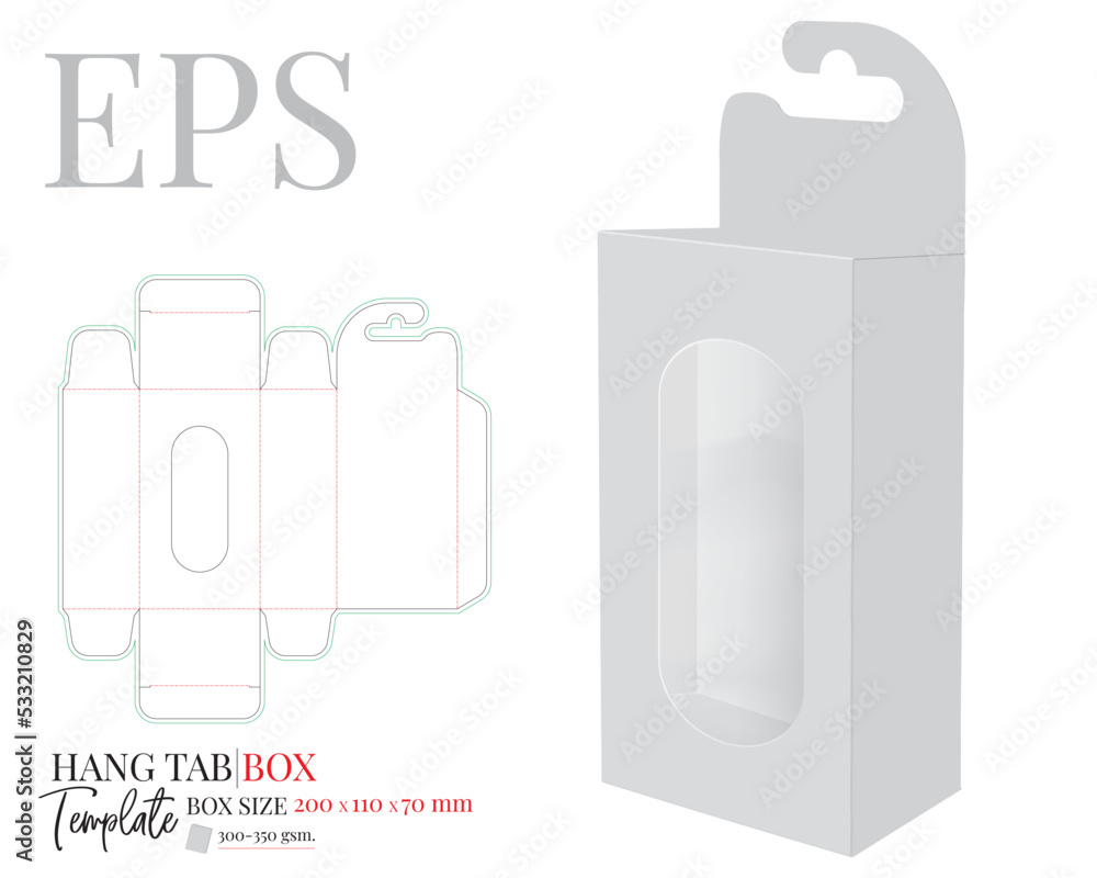 Hang Tab Box Template with window with delta hole, Vector with die cut ...