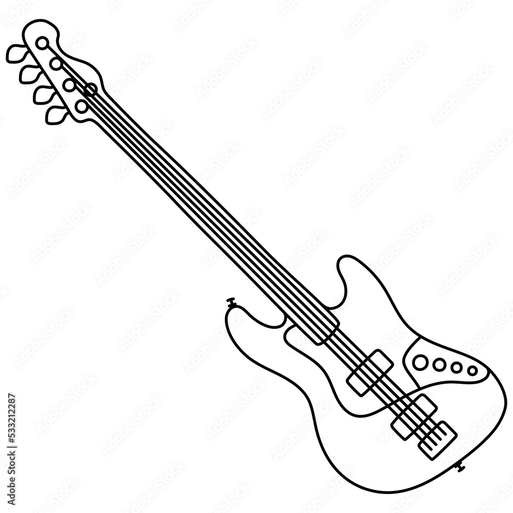 Bass guitar. Musical instrument line sketch. Outline black and white ...