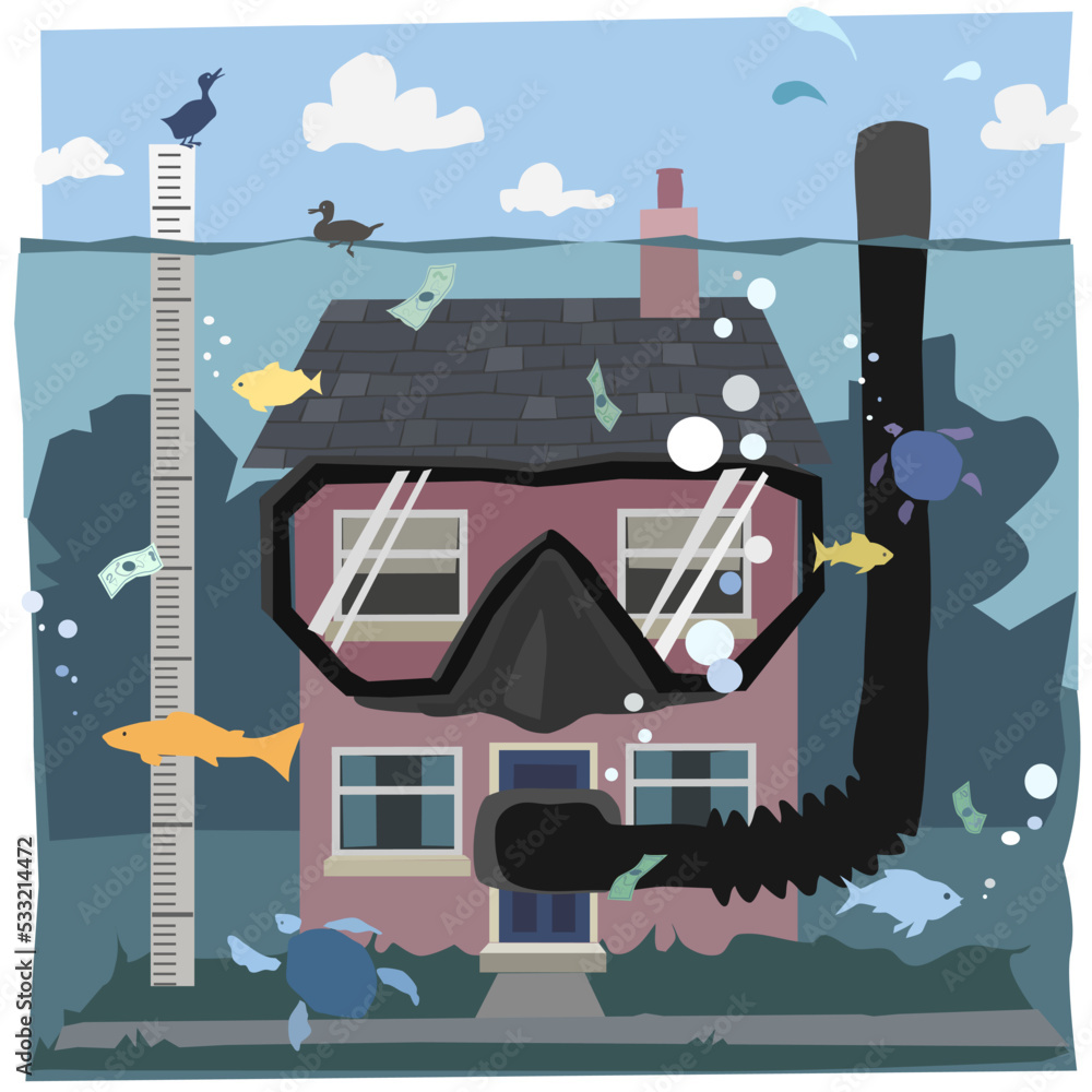 Submerged house underwater in cartoon style wearing a snorkel and mask ...