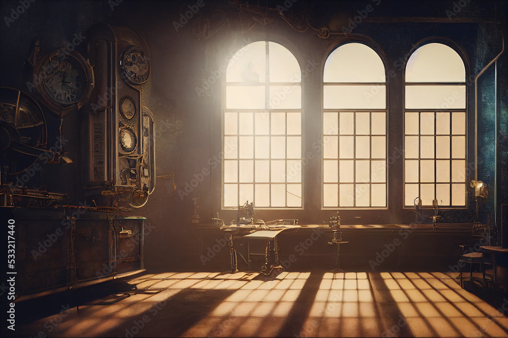 steampunk interior with big windows, castle hall and sunlight, fictional interior created with ...
