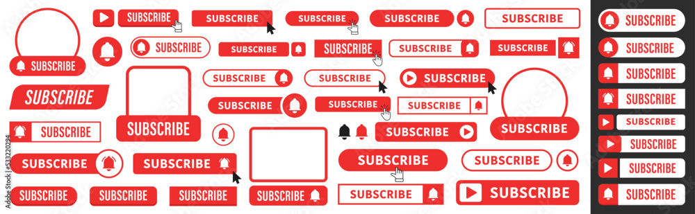 Subscribe button. Set of red subscribe button template. Cursor or hand ...