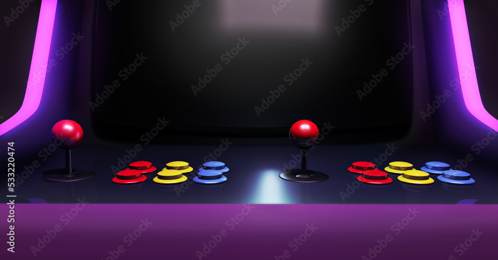 Retro arcade gaming, close up, 3D rendering template. Front player's ...