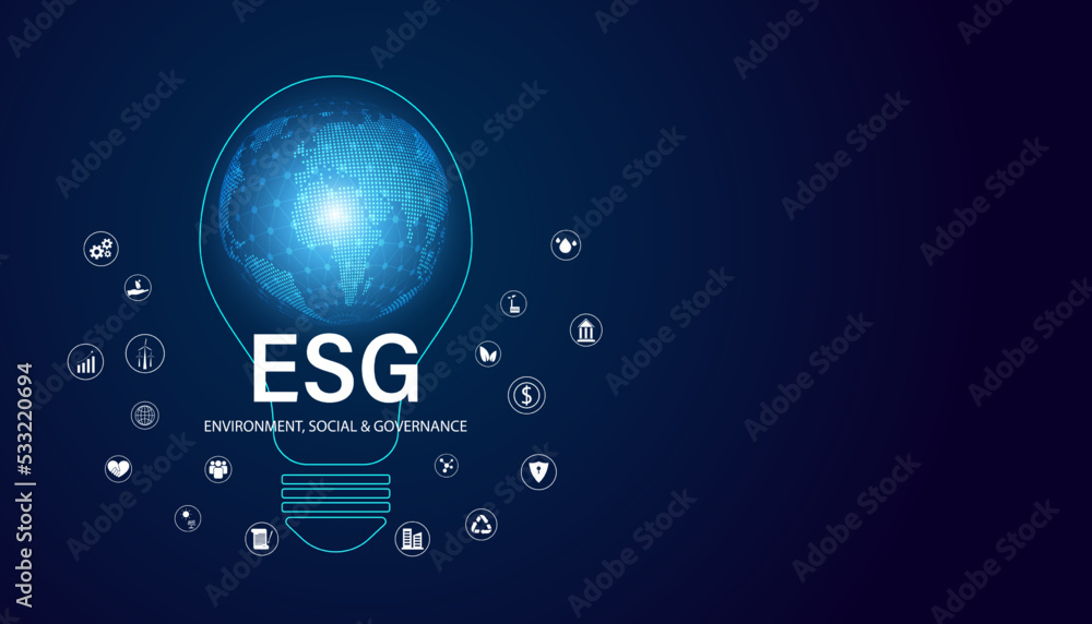 Abstract ESG with icons, concepts, ideas and light bulbs Digital world ...