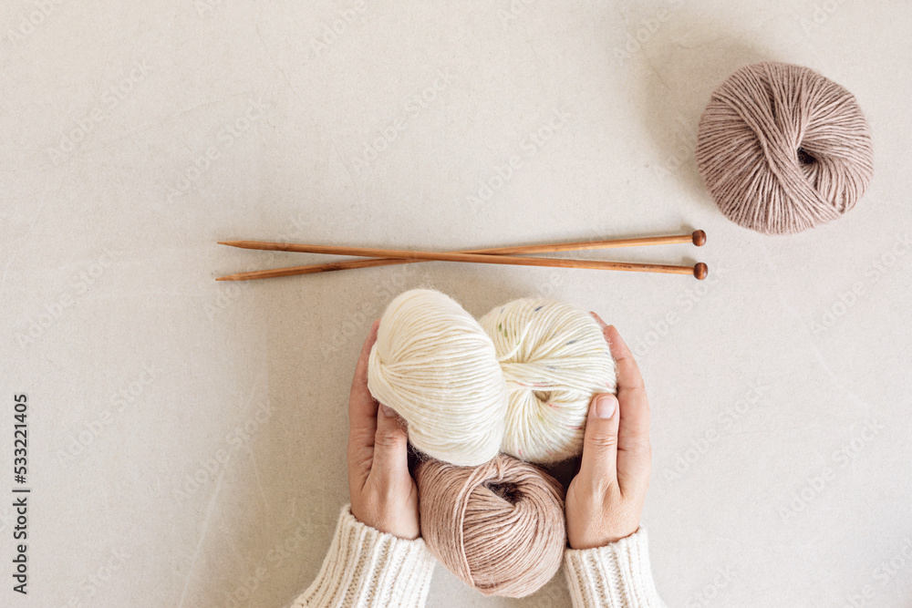 Craft hobby background with yarn in natural colors. Recomforting hobby ...