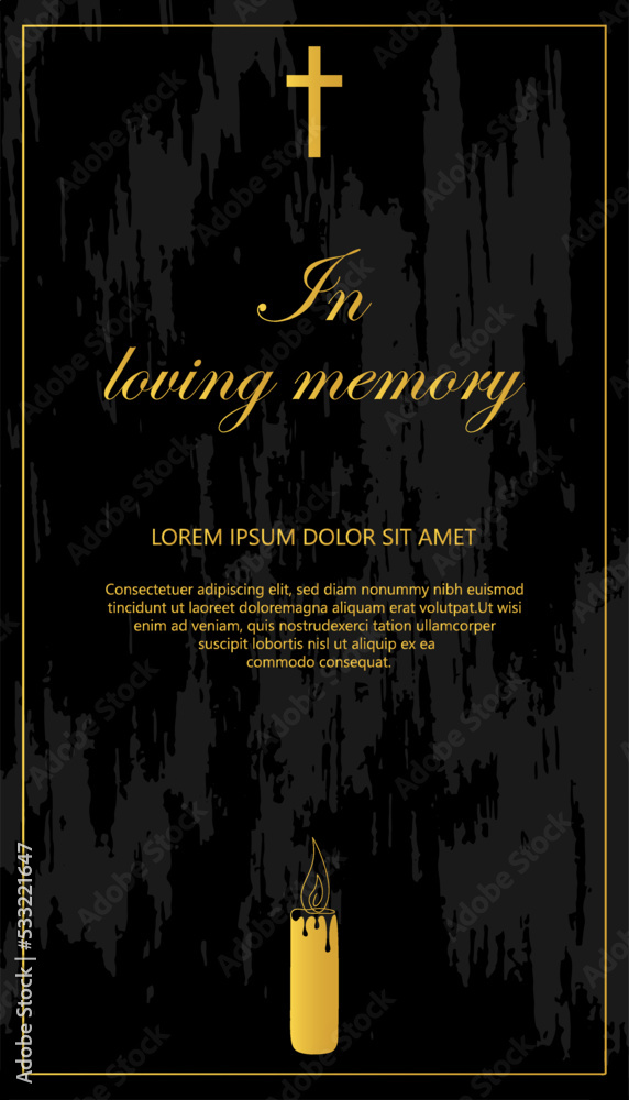 Funeral card, in loving memory template on the black background with ...
