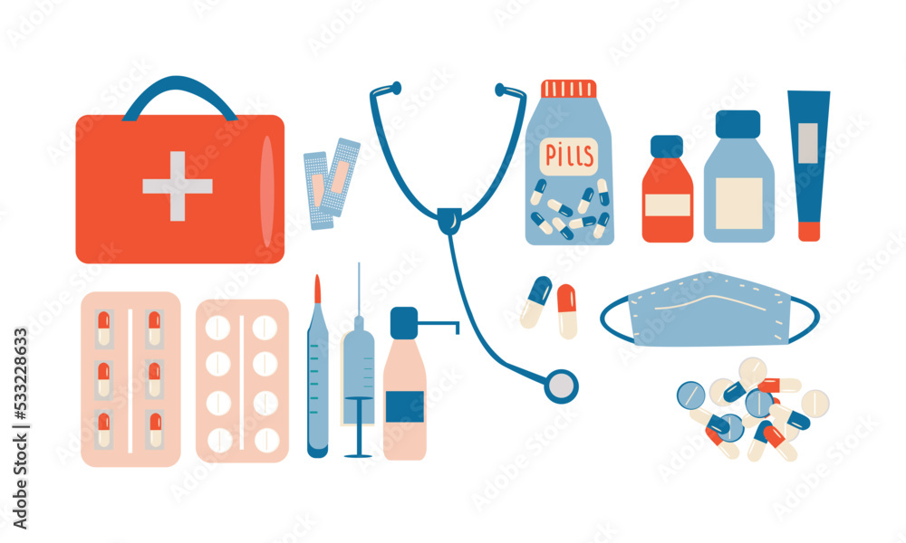 Cute collection of medical items for first aid. Bundle of doctor ...