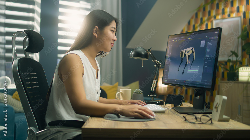 Asian woman working on pc in 3D modeling program remotely from home ...