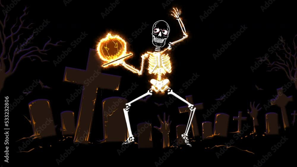 animation of a happy halloween.the skeleton dances with a fiery pumpkin ...