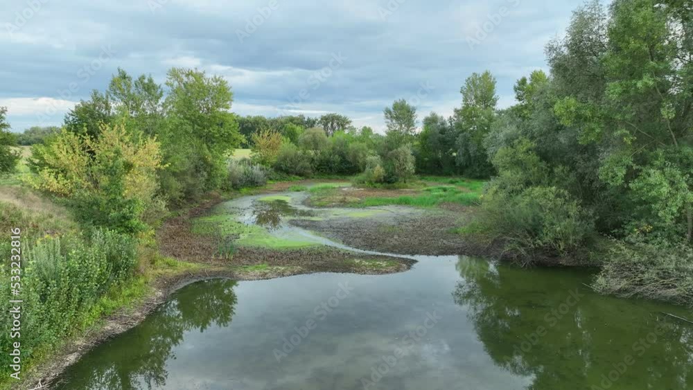 Very drought pond wetland drone aerial, swamp drying up the soil ...