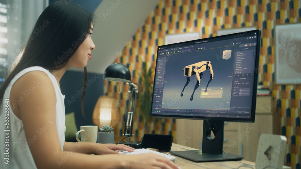 Asian woman working on pc in 3D modeling program remotely from home ...