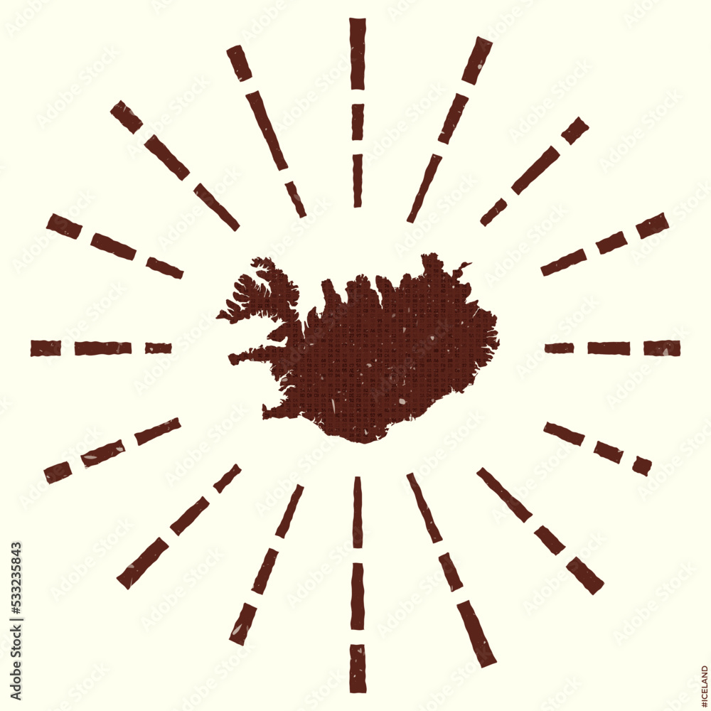 Iceland Logo. Grunge sunburst poster with map of the country. Shape of ...