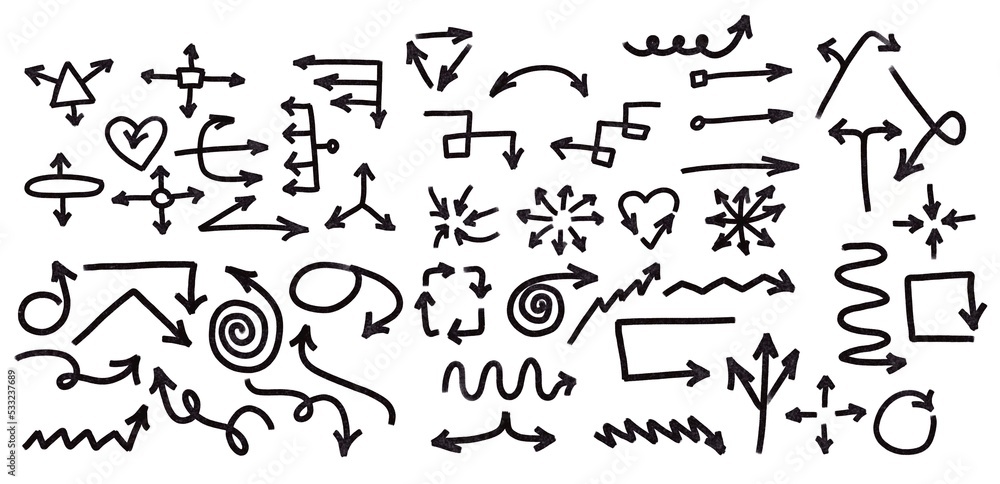 Hand drawn big arrows set isolated on white. Sketch curved dashed,swirl ...