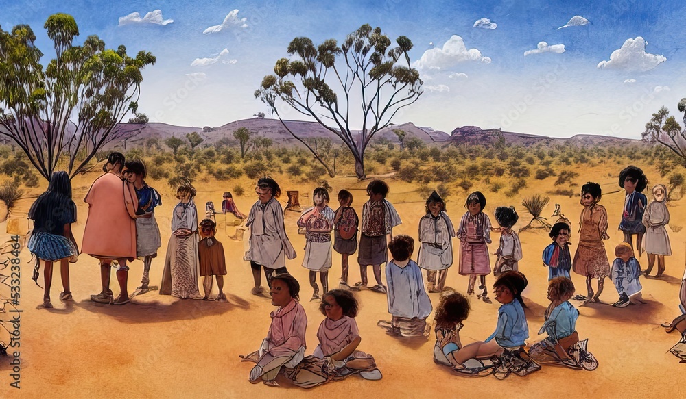 Aboriginal Australian school outside in desert landscape, children of ...