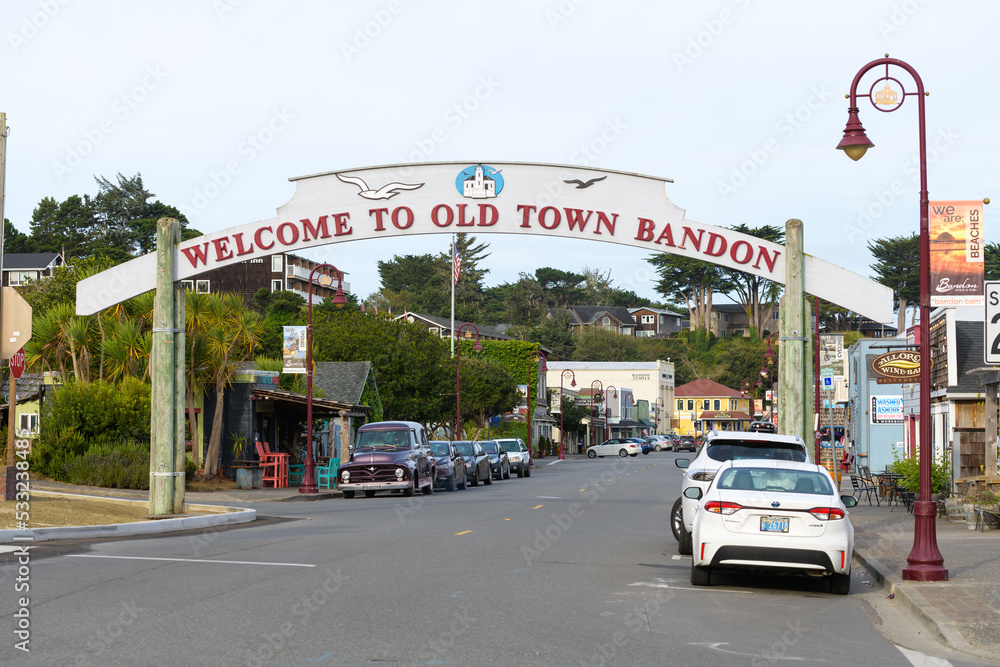 Bandon, OR, USA - September 17, 2022; Sign over street with words ...