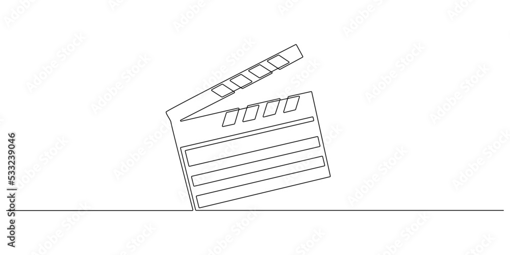 One continuous line drawing of clapper board. Action movie scene and ...