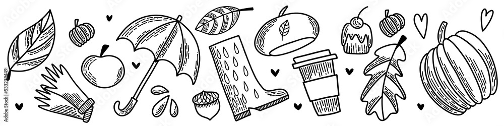 Line art set of vector elements. Pack of flat icons. Autumn Hygge ...