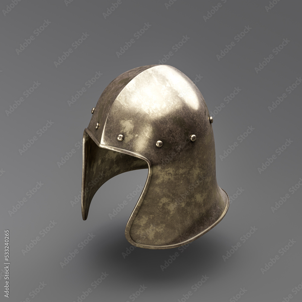 Old metallic ancient soldier helmet. Realistic used warrior shield helm ...