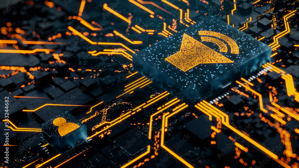 Sound Technology Concept with audio symbol on a Microchip. Orange Neon ...