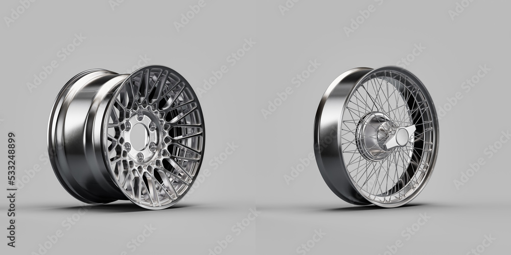 Shiny silver metallic alloy aluminum car rims isolated on white ...