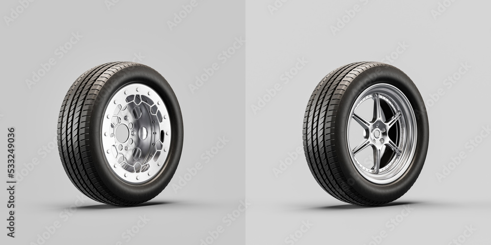 Car wheels on white background. Isolated car tires with shiny rim. Side ...