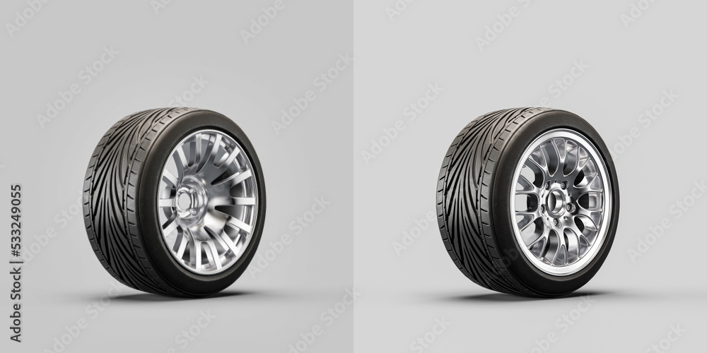 Car wheels on white background. Isolated car tires with shiny rim. Side ...